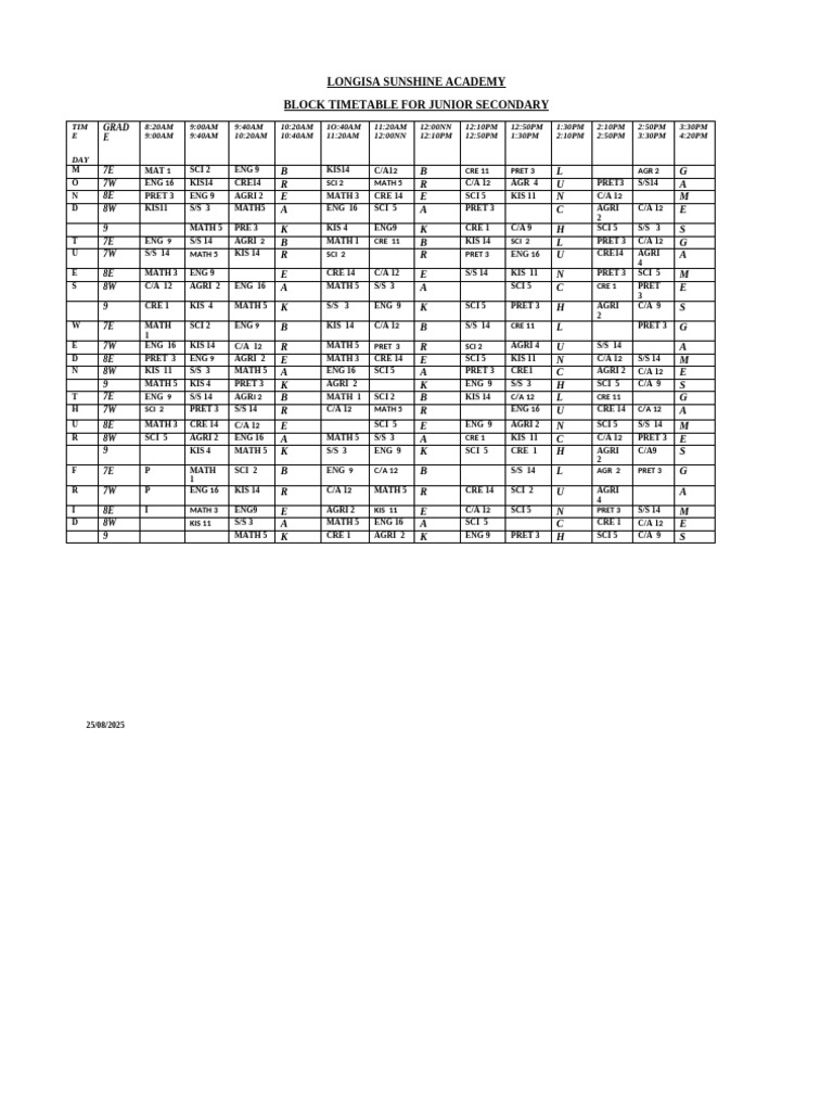 Master Time Table - Junior | PDF