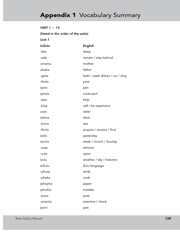 Basic IsiZulu Vocabulary Guide | PDF