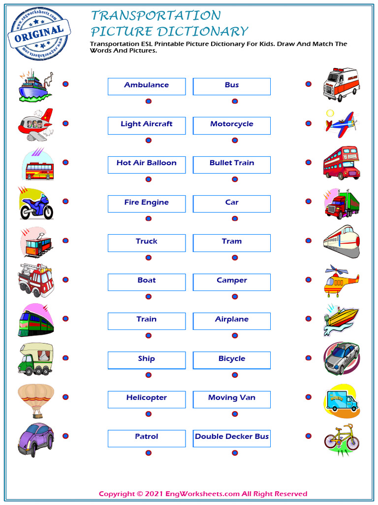 Transportation Esl Printable Picture Dictionary For Kids Draw and Match ...