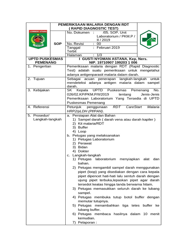 Prosedur RDT untuk Pemeriksaan Malaria | PDF