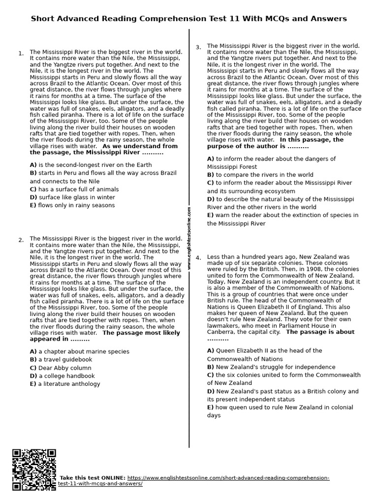 854 Short Advanced Reading Comprehension Test 11 With Mcqs and Answers ...