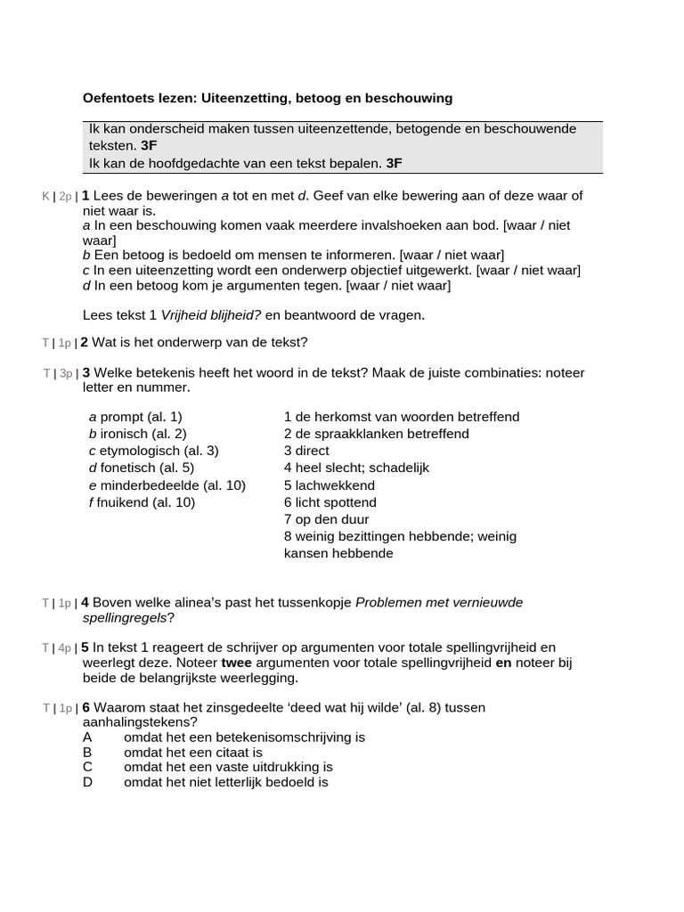 Oefentoets Lezen - Uiteenzetting, Betoog en Beschouwing | PDF