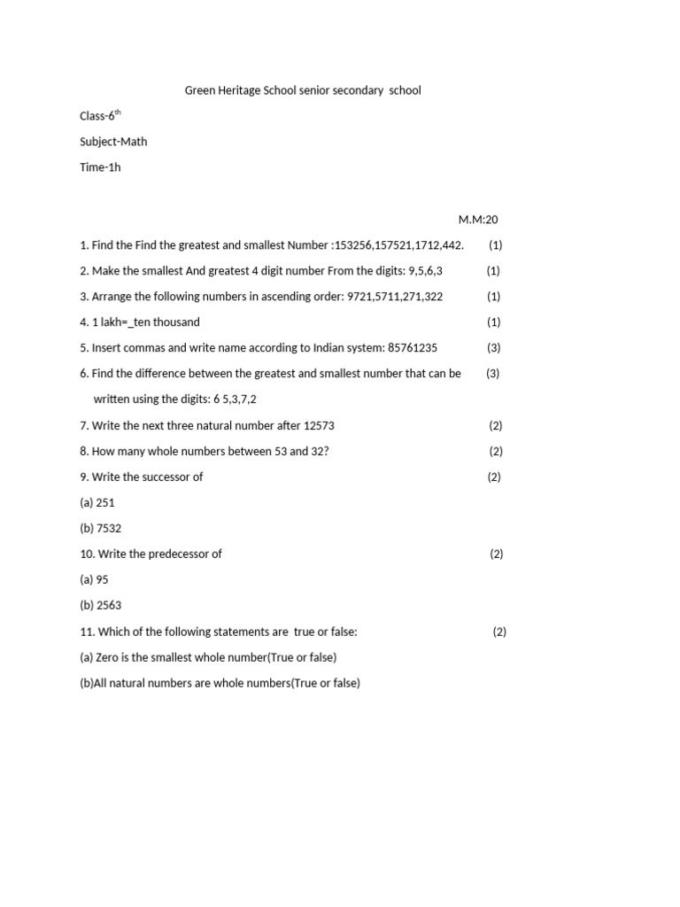6th Class Math Paper (PT1) | PDF