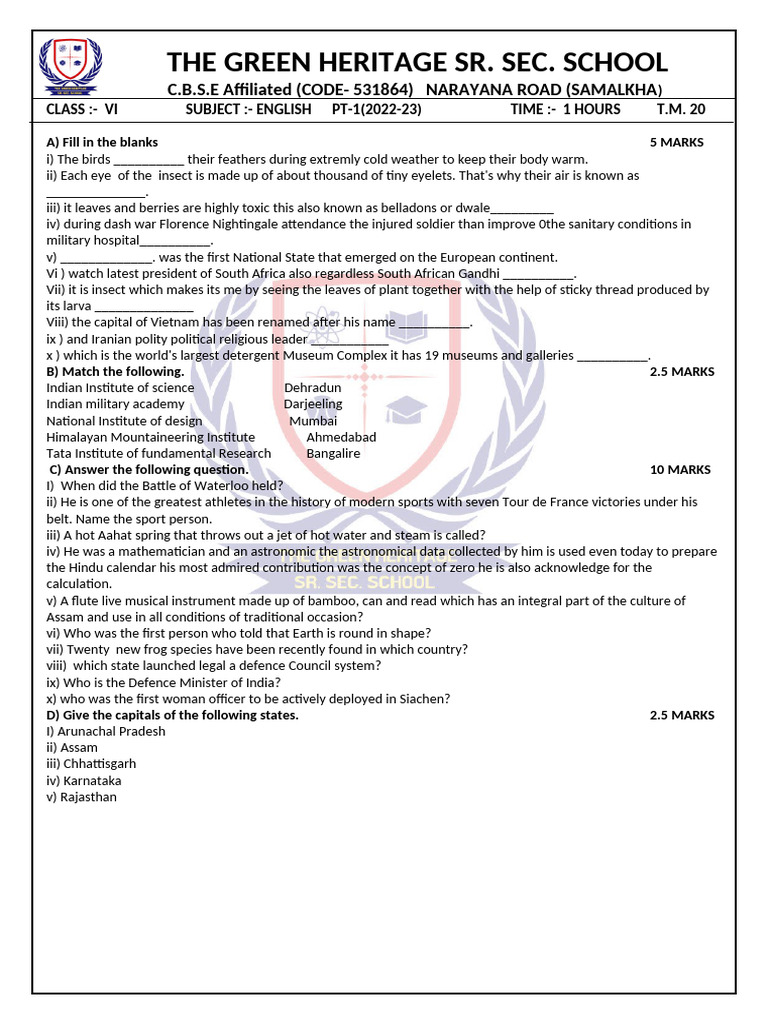 Class VI English Worksheet 2022-23 | PDF