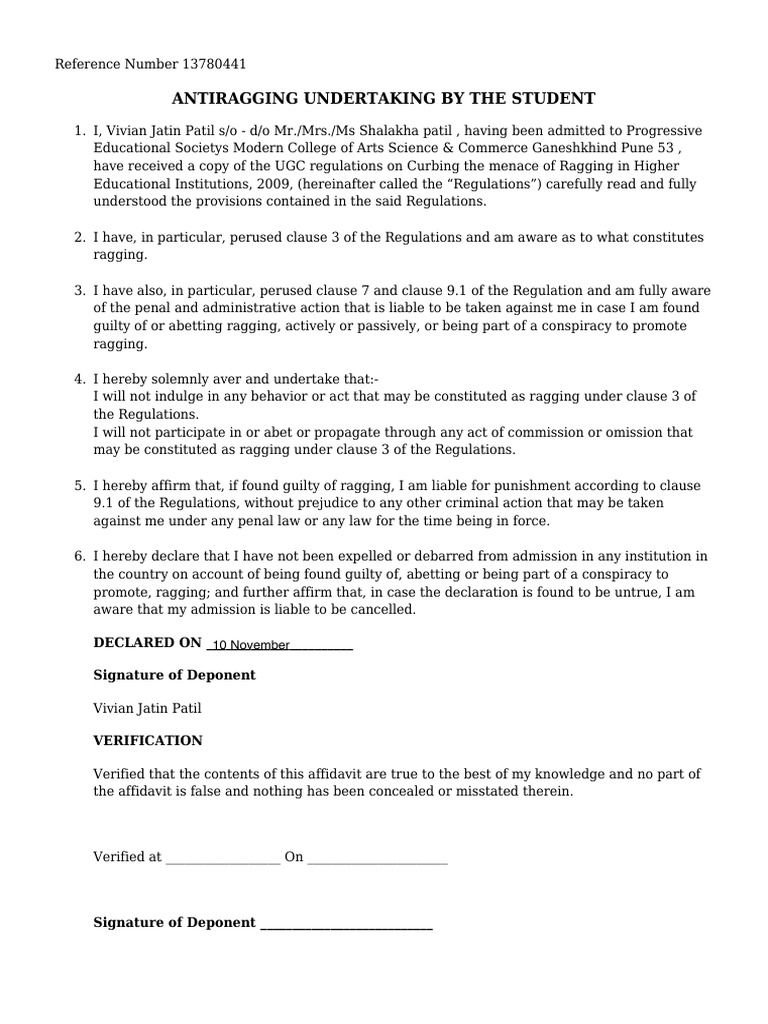 Anti Ragging Affidavit Form | PDF