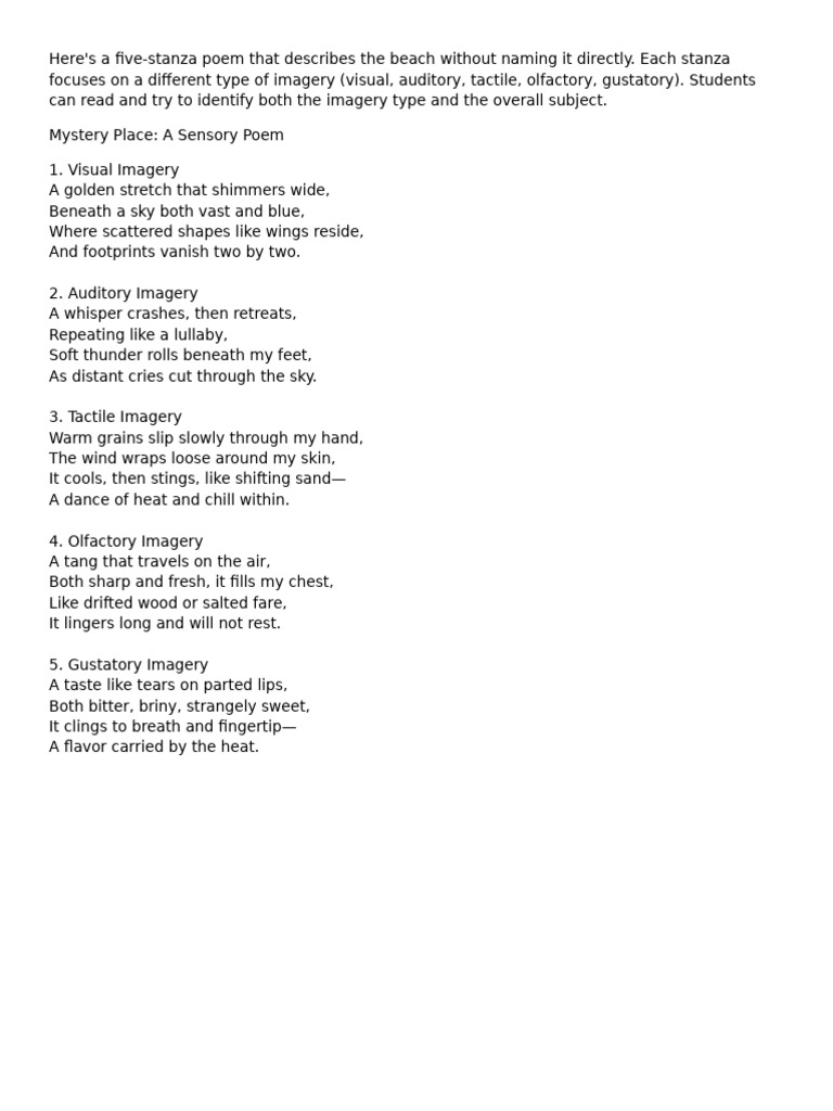 Sensory Poem: Imagery of the Beach | PDF