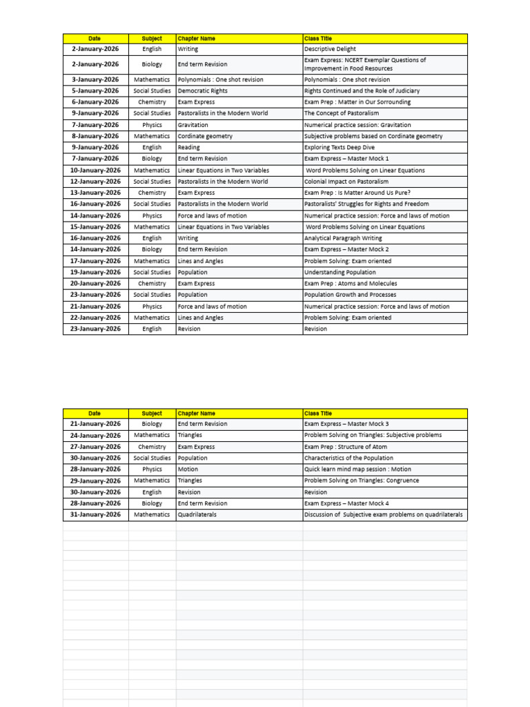 Exam Prep Schedule for January 2026 | PDF | Equations | Mathematics