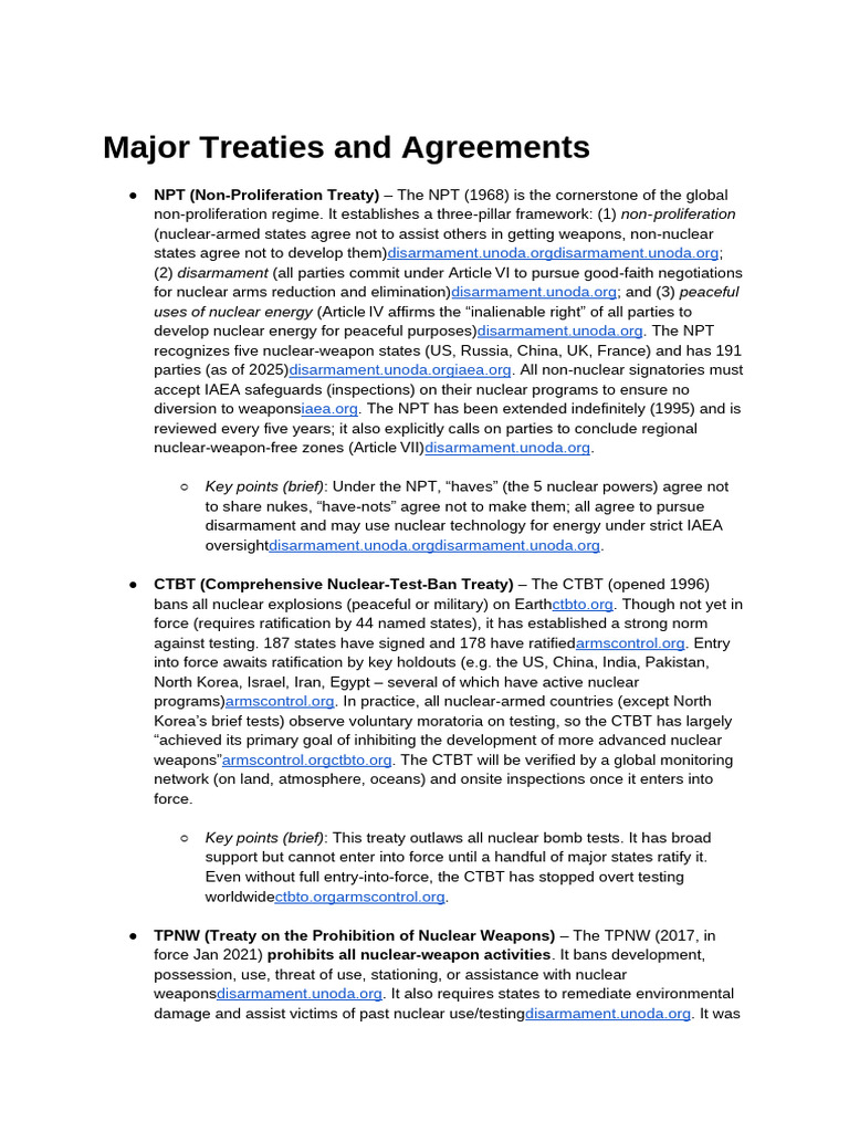 Major Treaties and Agreements | PDF | Treaty On The Non Proliferation ...