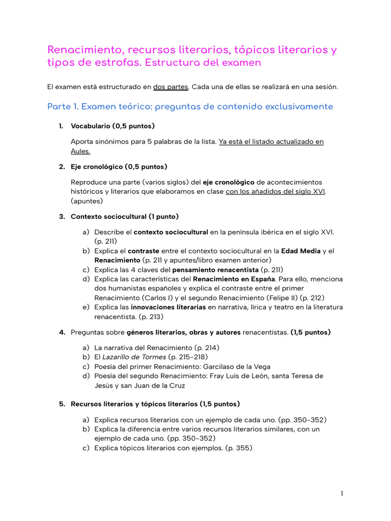 Estructura Examen Recursos Literarios y Renacimiento | PDF ...