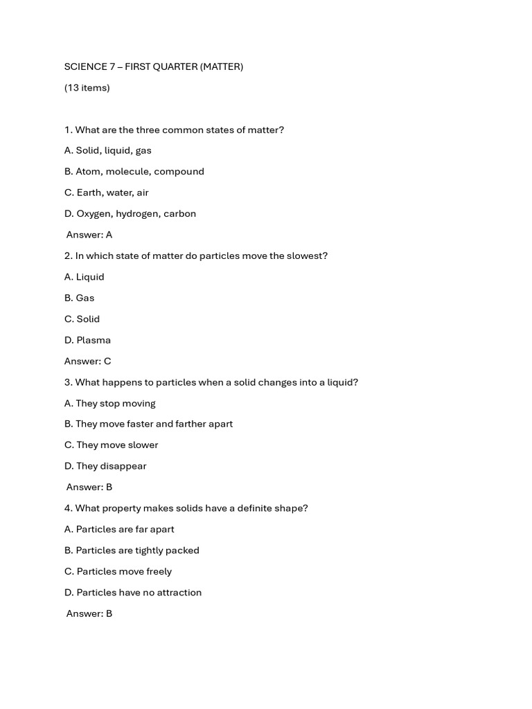 Matter and Cell Structure Quiz for 7th Grade | PDF | Cell (Biology ...