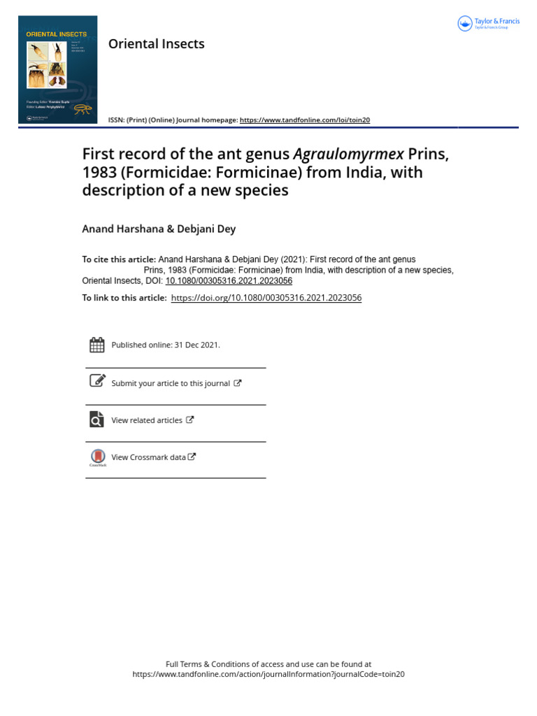 2021 First Record of The Ant Genus Agraulomyrmex Prins 1983 Formicidae ...