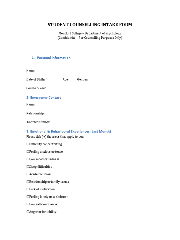 Student Counselling Intake Form Montfort | PDF
