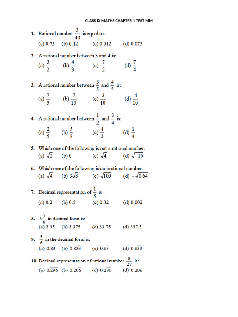 Class Ix Maths Chapter 1 Test MM | PDF