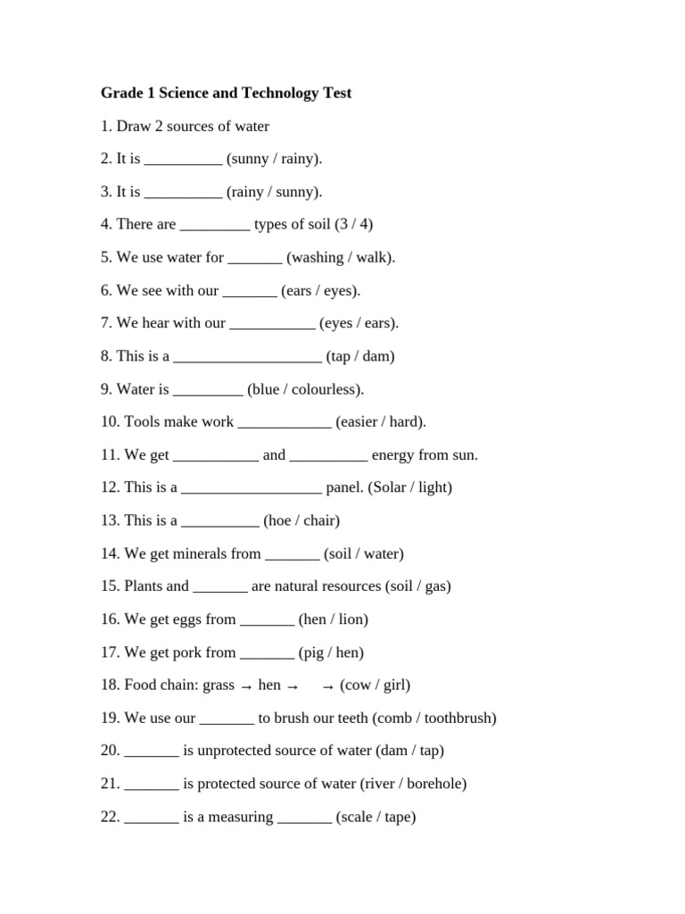 Grade 1 Science and Technology Test | PDF
