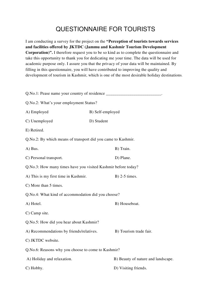Questionnaire For Tourists in Kashmir | PDF | Tourism | Questionnaire