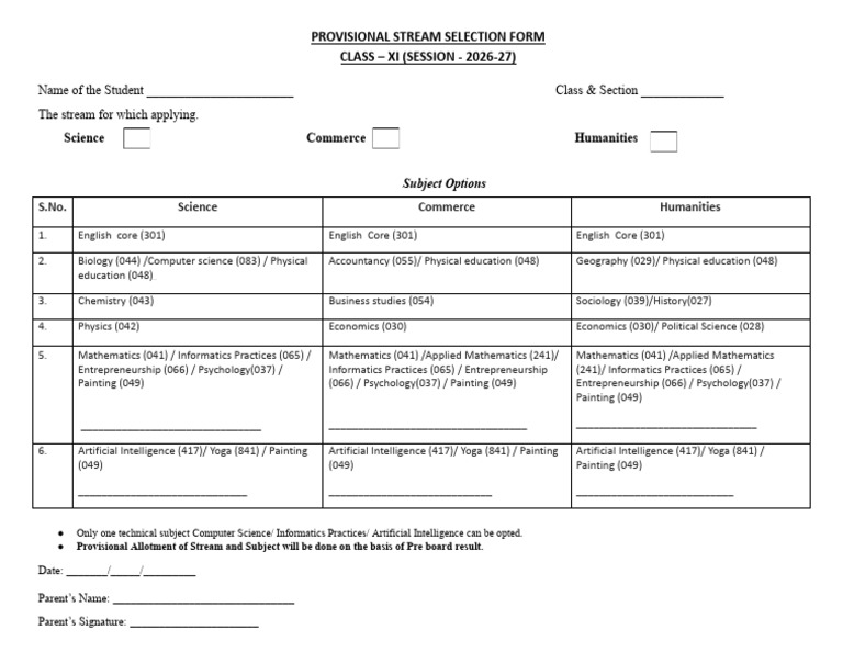 Class XI Provisional Stream Selection Form | PDF | Science | Inquiry