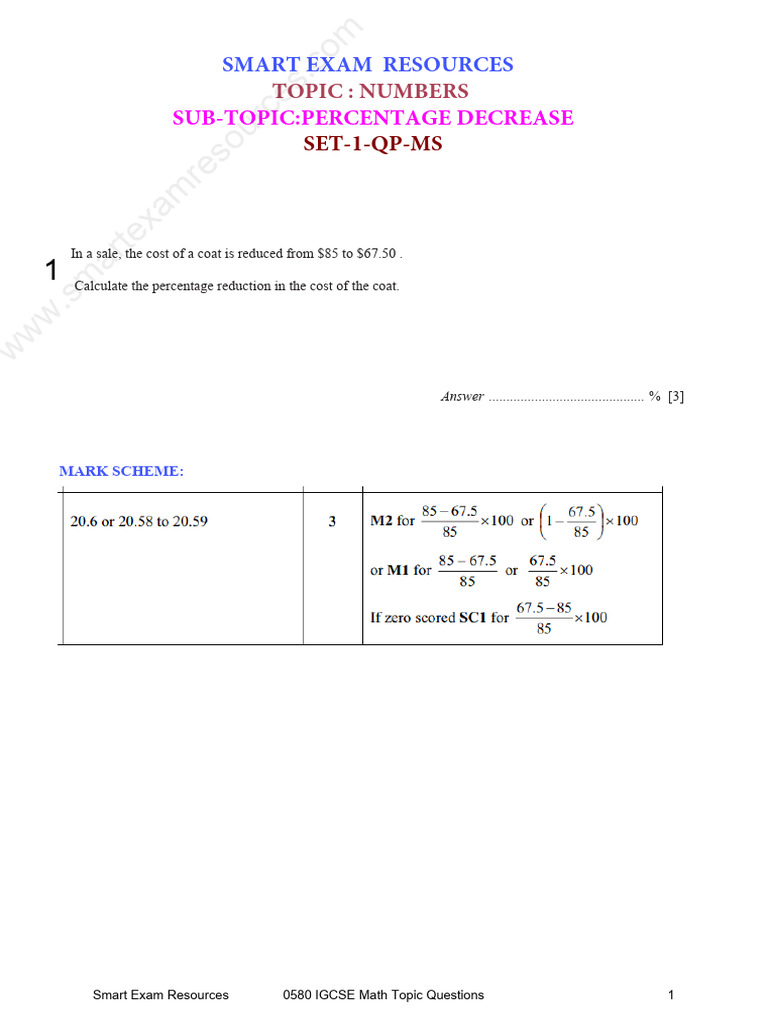 1.6.4 Percentage Decrease Set 1 QP Ms IGCSE Math Topic Questions Paper ...