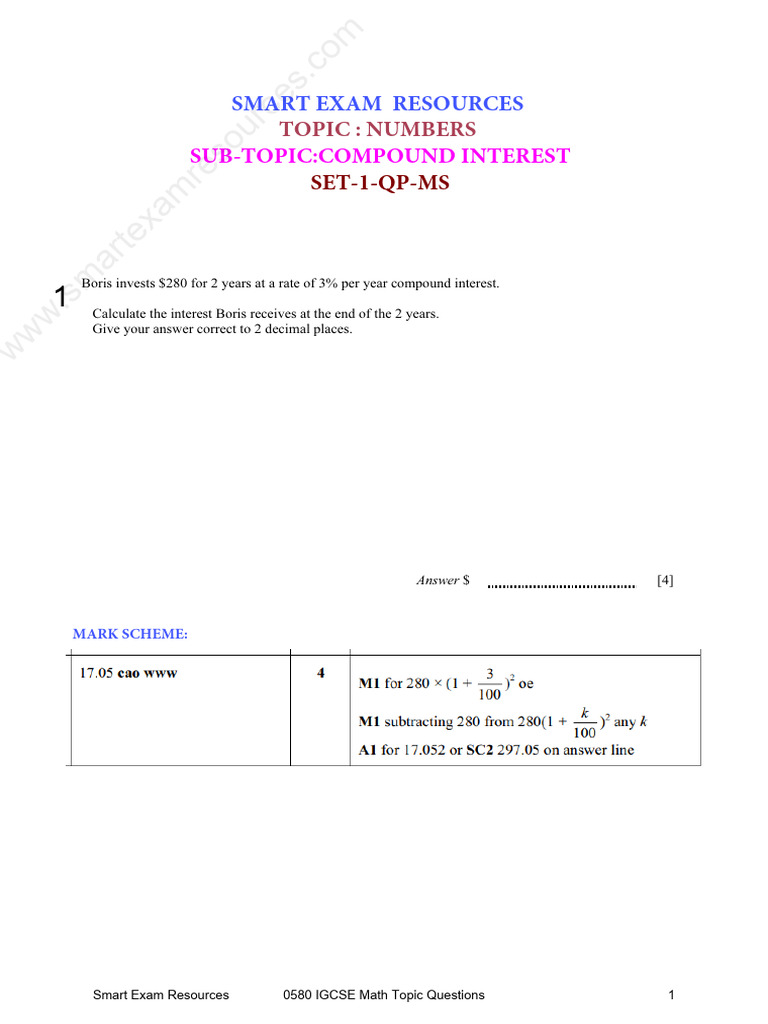 1.6.13 Compound Interest Set 1 QP Ms IGCSE Math Topic Questions Paper 2 ...