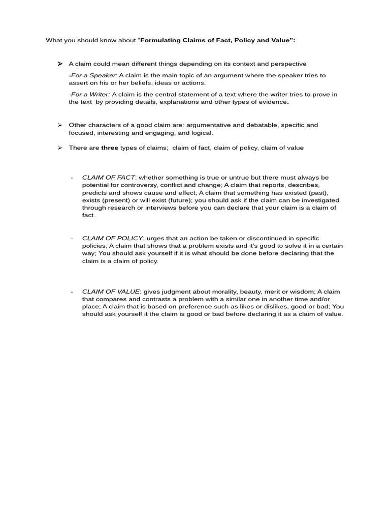 Understanding Claims: Fact, Policy, Value | PDF