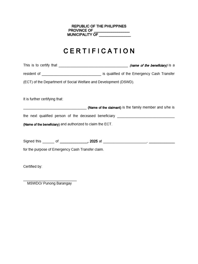 Emergency Cash Transfer Certification Form | PDF