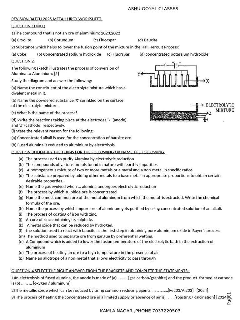 Revision Batch Metallurgy Worksheet | PDF | Aluminium | Aluminium Oxide