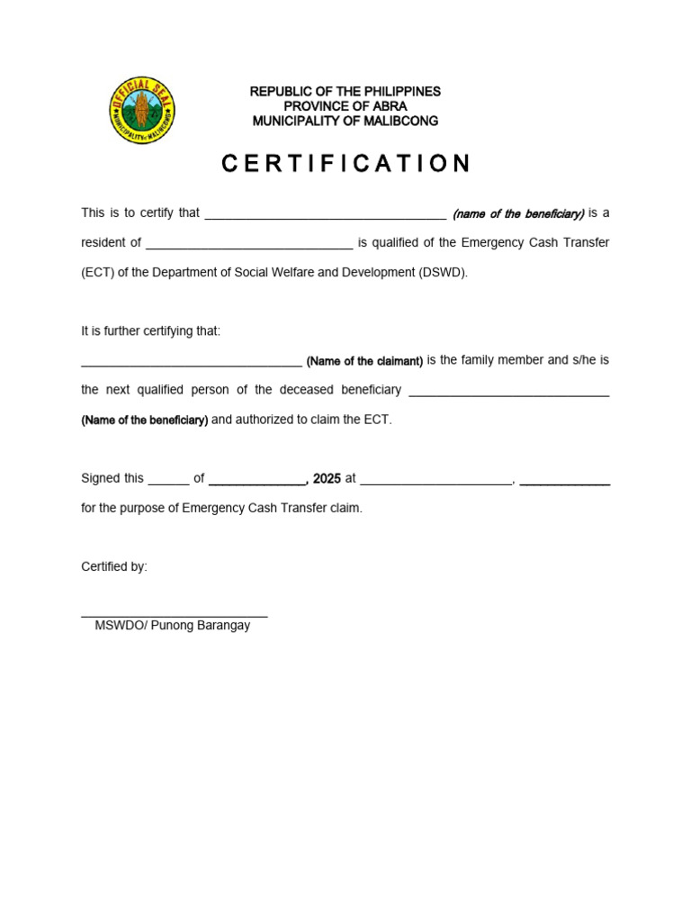 Emergency Cash Transfer Certification Template | PDF