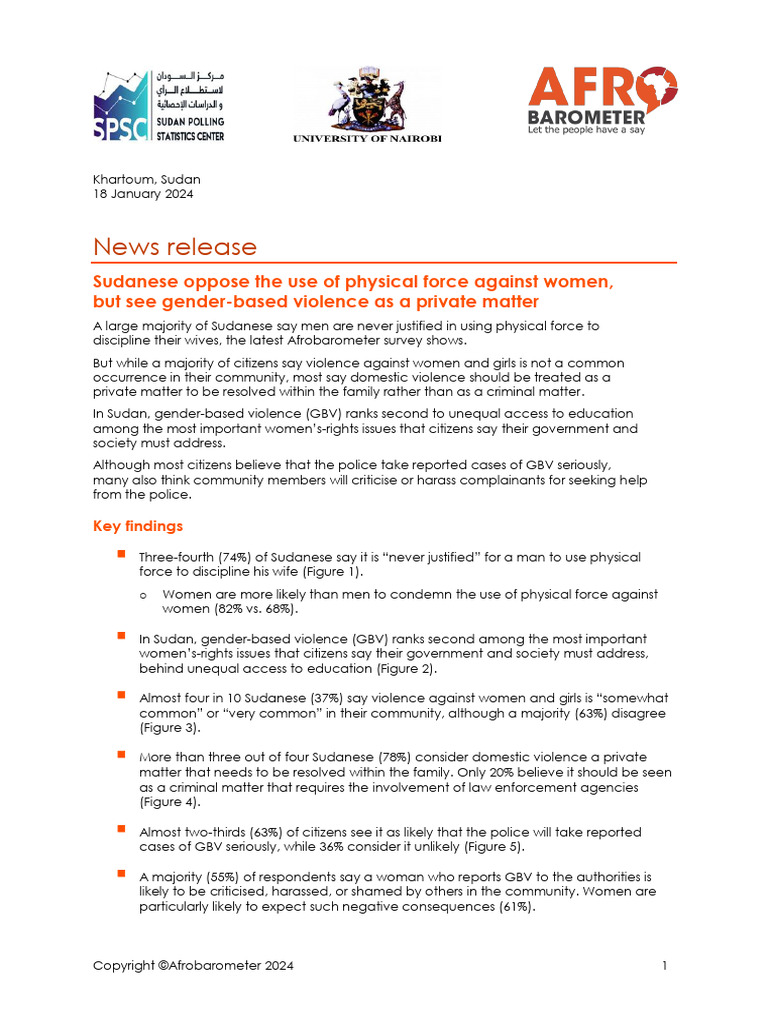 News Release Sudanese Oppose Physical Force Against Women Afrobarometer ...