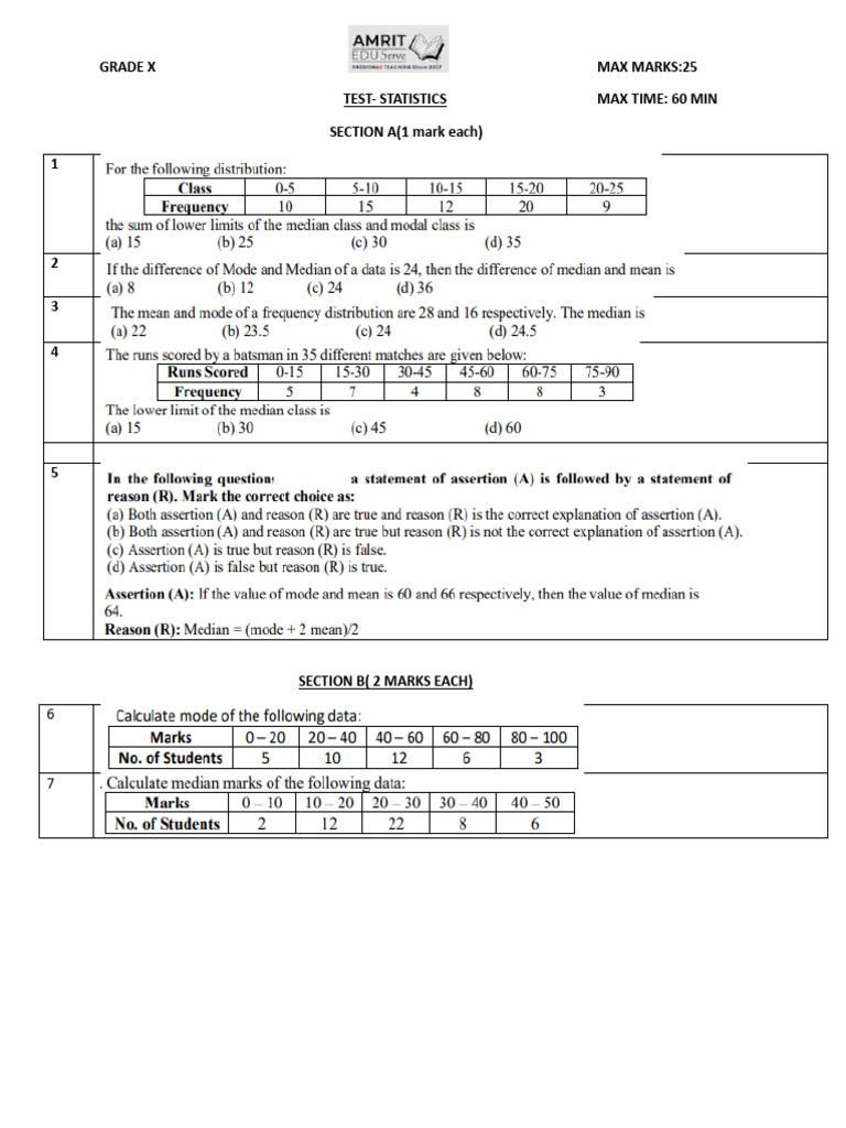 Grade X Statistics Test Paper | PDF
