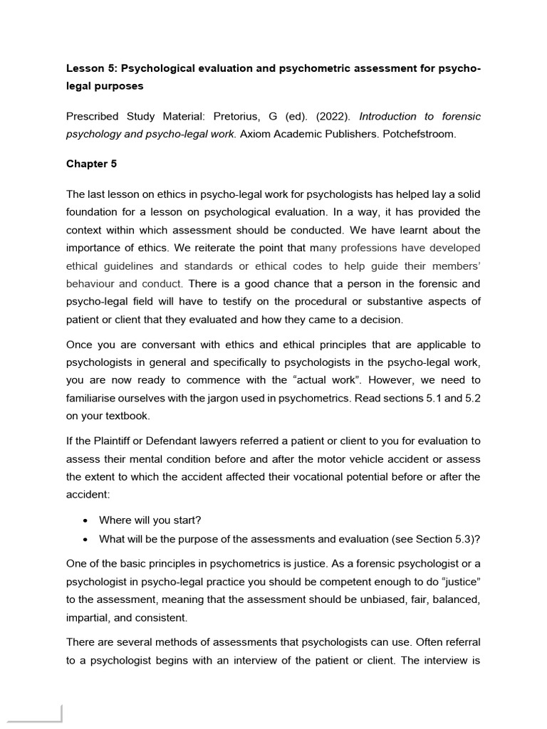 Lesson 5 Psychological Evaluation and Psychometric Assessment For ...