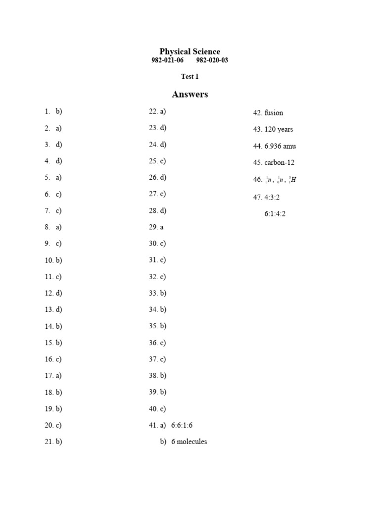 Physical Science Test 1 Answers | PDF