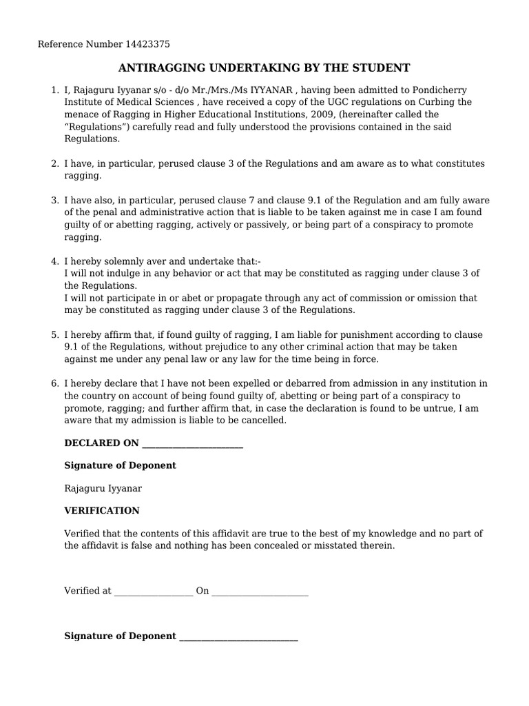 Antiragging Undertaking for Students | PDF | Affidavit