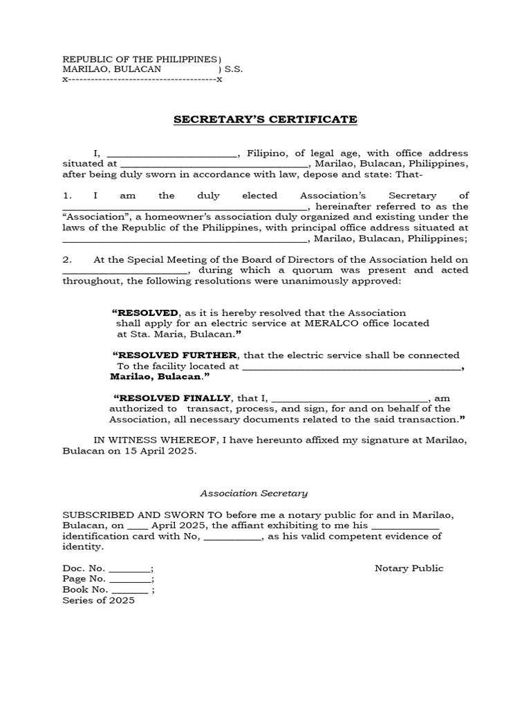 SAMPLE Secretarys Certificate of HOA ASSOCIATION For Meralco ...