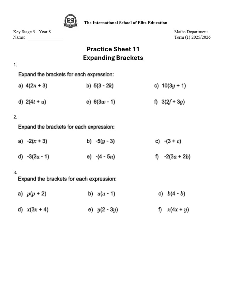 Year 8 Maths: Expanding Brackets Practice | PDF