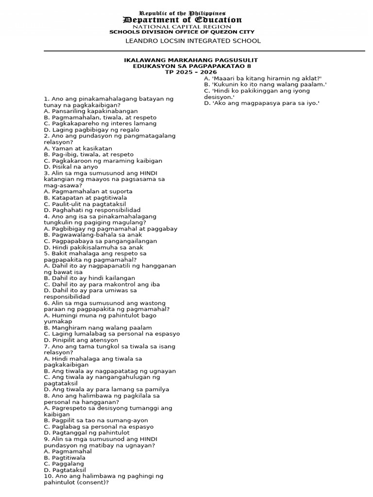 Ikalawang Markahang Pagsusulit | PDF