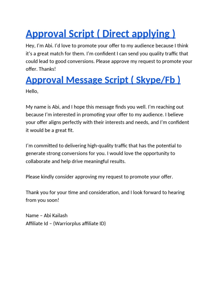 Affiliate Offer Approval Request Script | PDF
