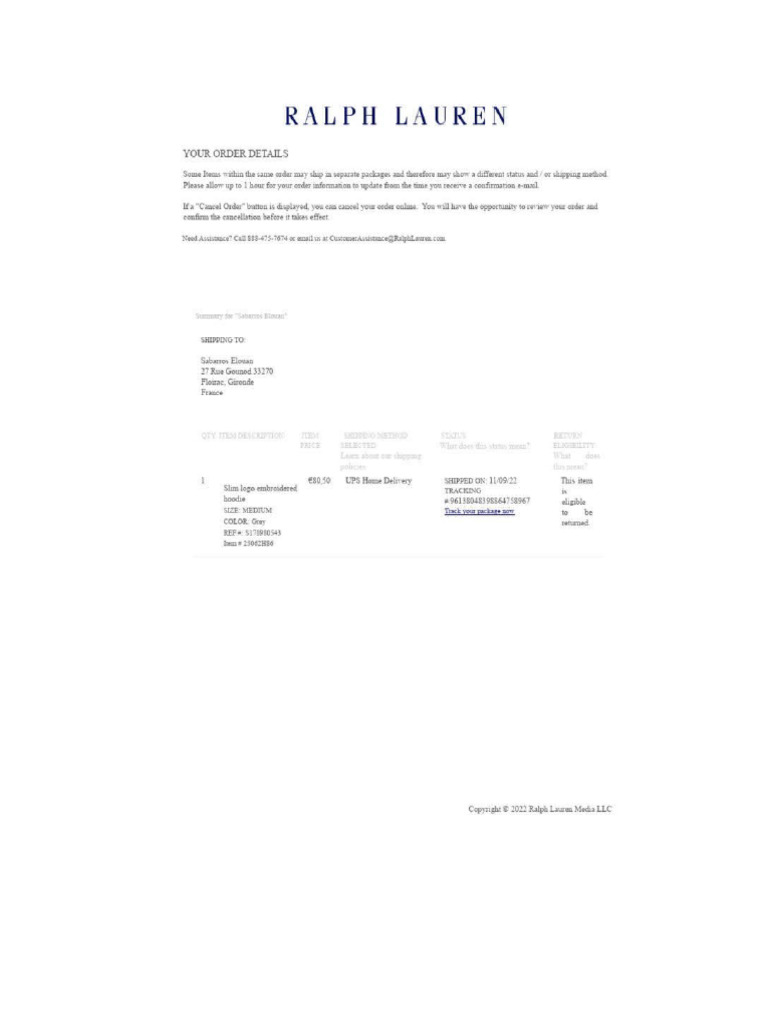 Ralph Lauren Order Status