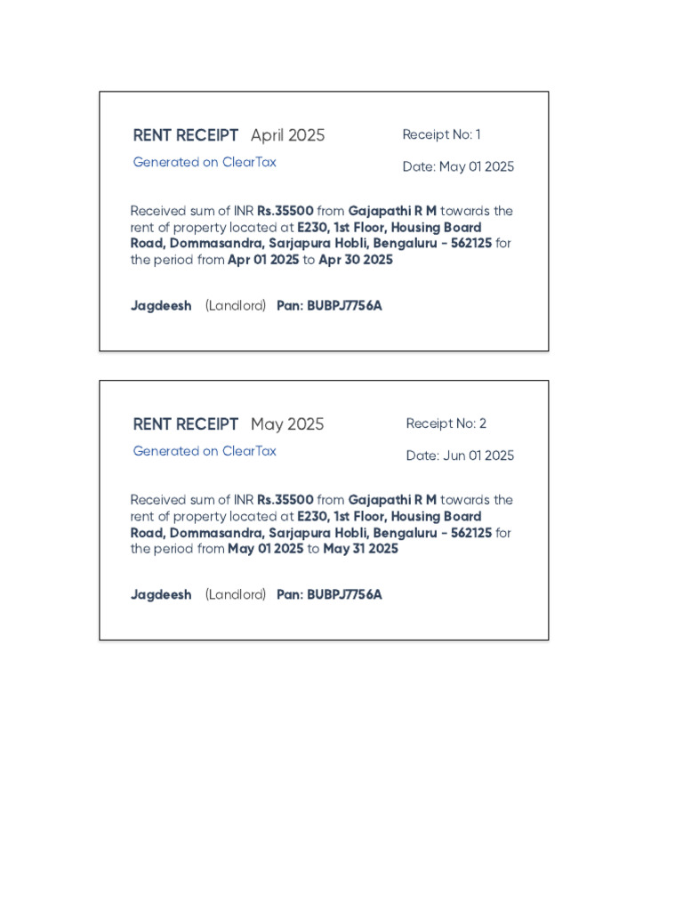 Monthly Rent Receipts 2025-2026 | PDF