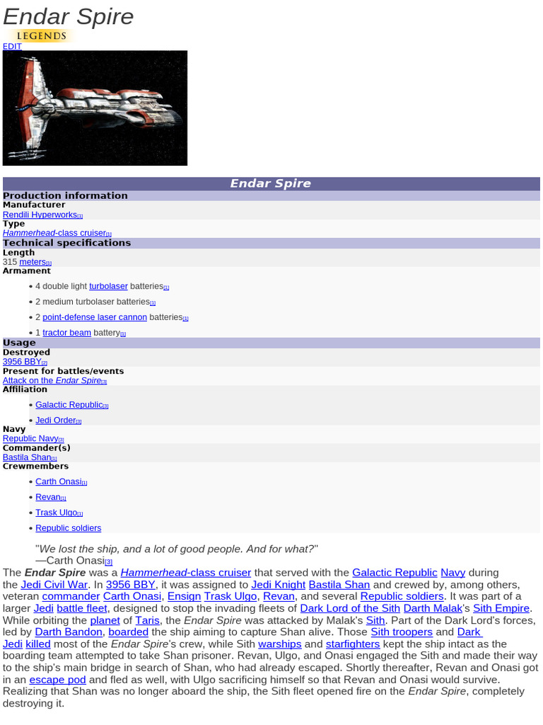 Endar Spire: Galactic Republic Cruiser | PDF | Sith | Jedi