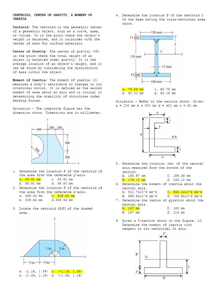 Centroids and Moment of Inertia Guide | PDF | Center Of Mass | Mechanics