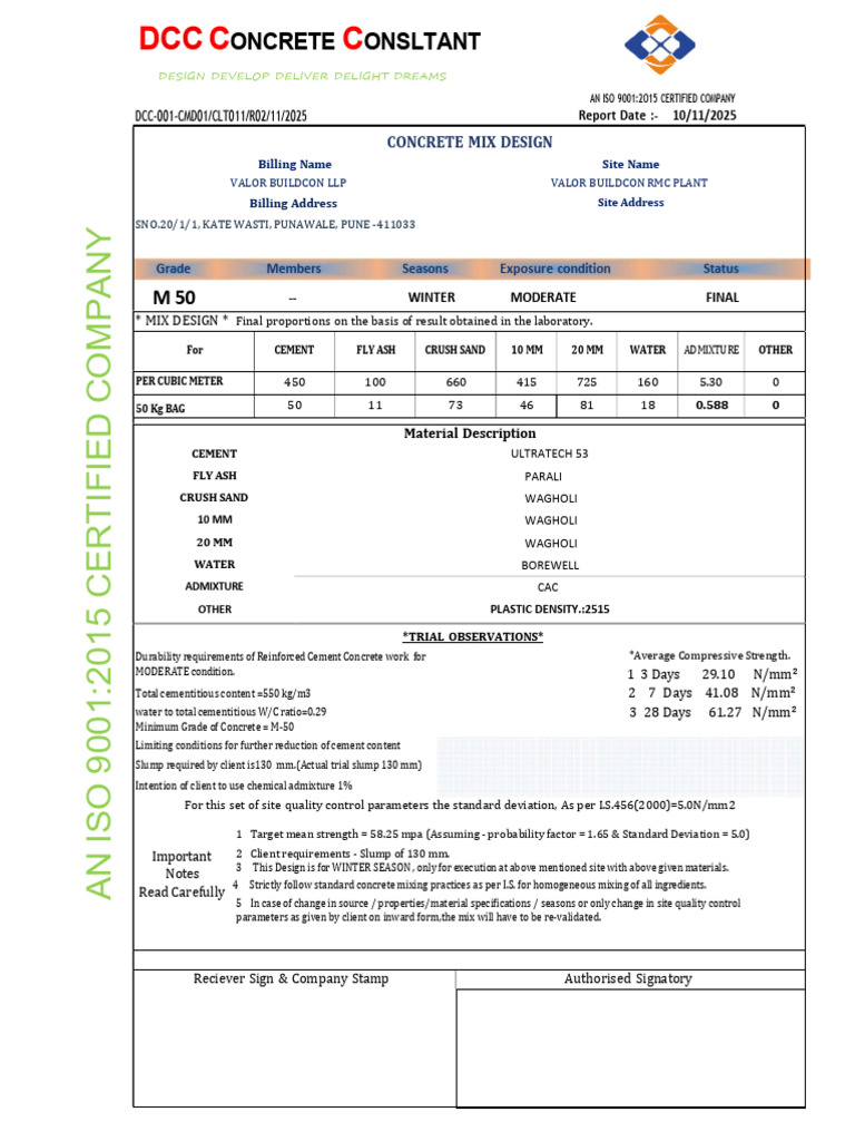 M50 Concrete Mix Design Report for Valor | PDF | Concrete | Cement