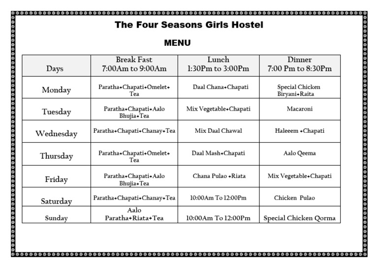 Four Seasons Girls Hostel Menu | PDF