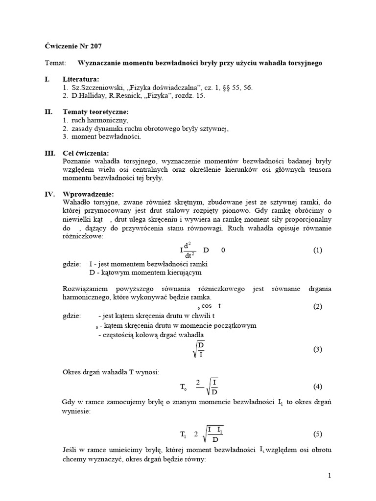 Ćwiczenie NR 207 Wyznaczanie Momentu Bezwładności Bryły Przy Użyciu ...
