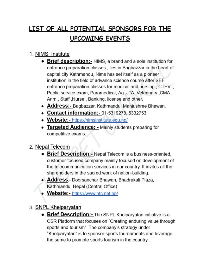 List of All Potential Sponsors For The Upcoming Events | PDF | Nepal