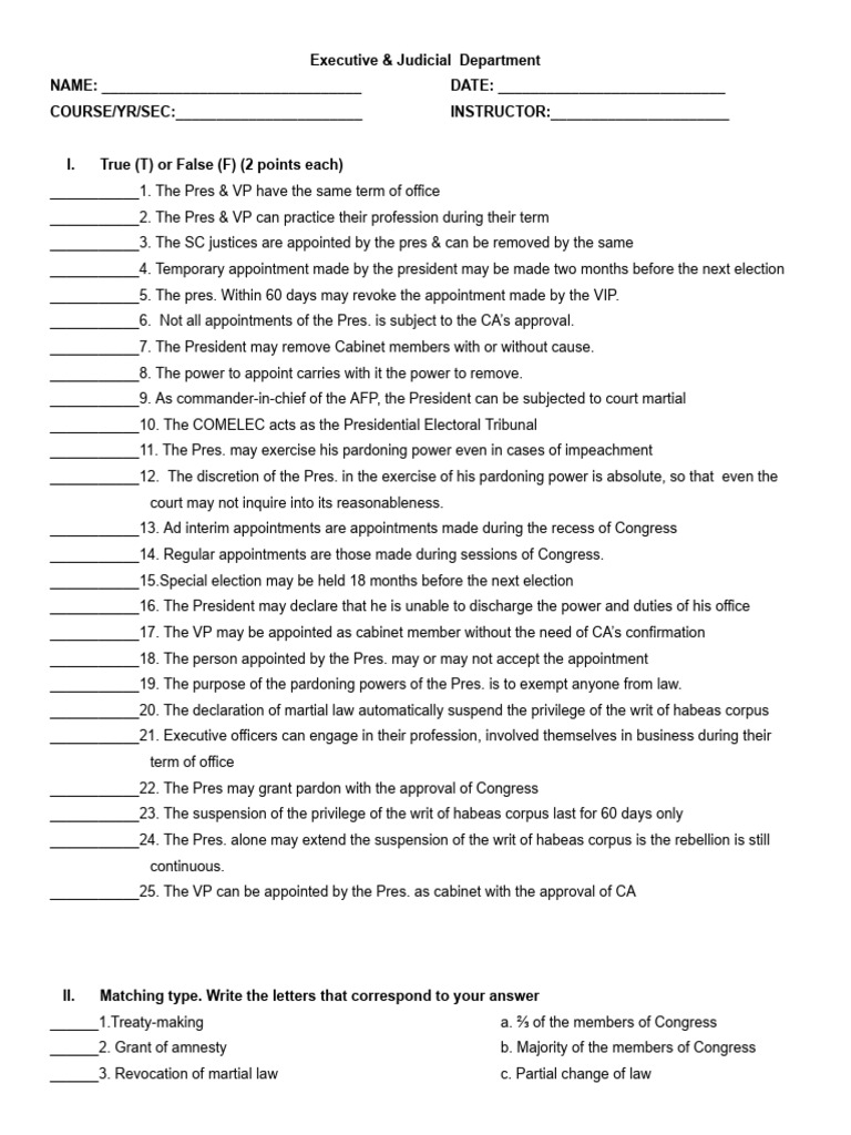Take Home Quiz - Executive & Judicial Department | PDF | Pardon ...