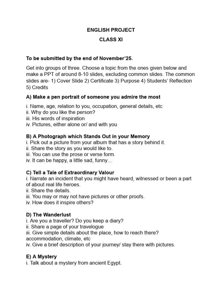 Class XI English Project Guidelines | PDF