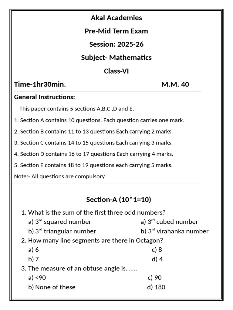 Class VI Mathematics Pre-Mid Exam 2025-26 | PDF
