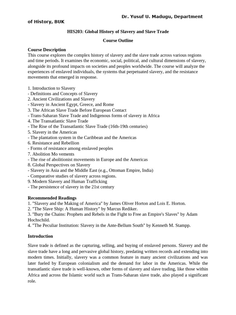 Global History of Slavery Course Outline | PDF | Slavery | History Of ...