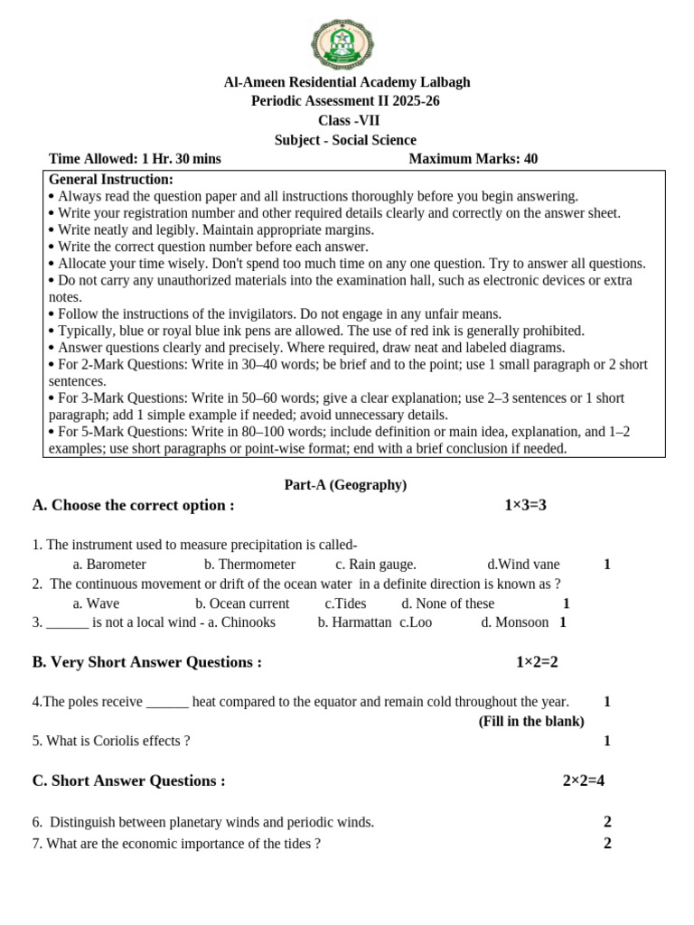 Class VII Social Science Assessment 2025-26 | PDF | Mass Media
