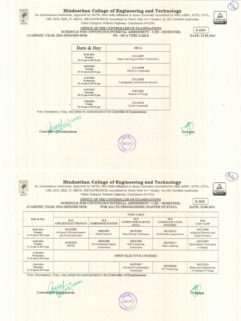 CIA-I Schedule - Batch 2023 - III Sem - All PG Programme & MCA | PDF