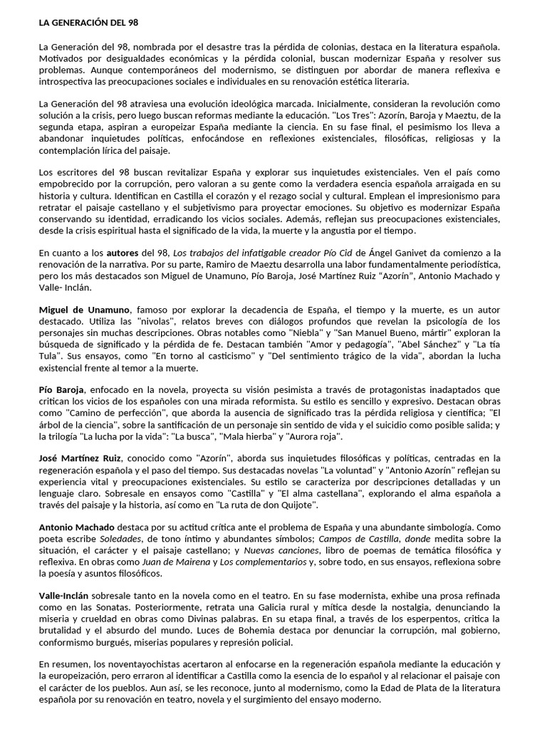 La Generación del 98 en la Literatura Española | PDF